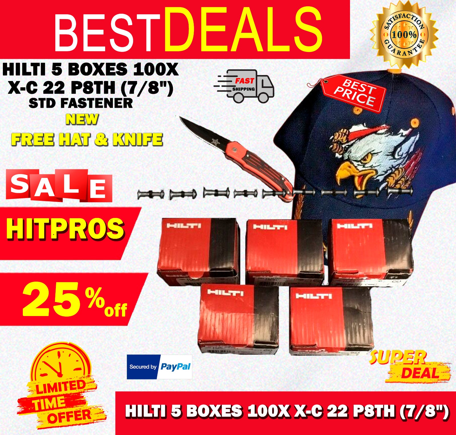 HILTI 5 BOXES 100X X-C 22 P8TH (7/8") STD FASTENER, FREE HAT, KNIFE ...